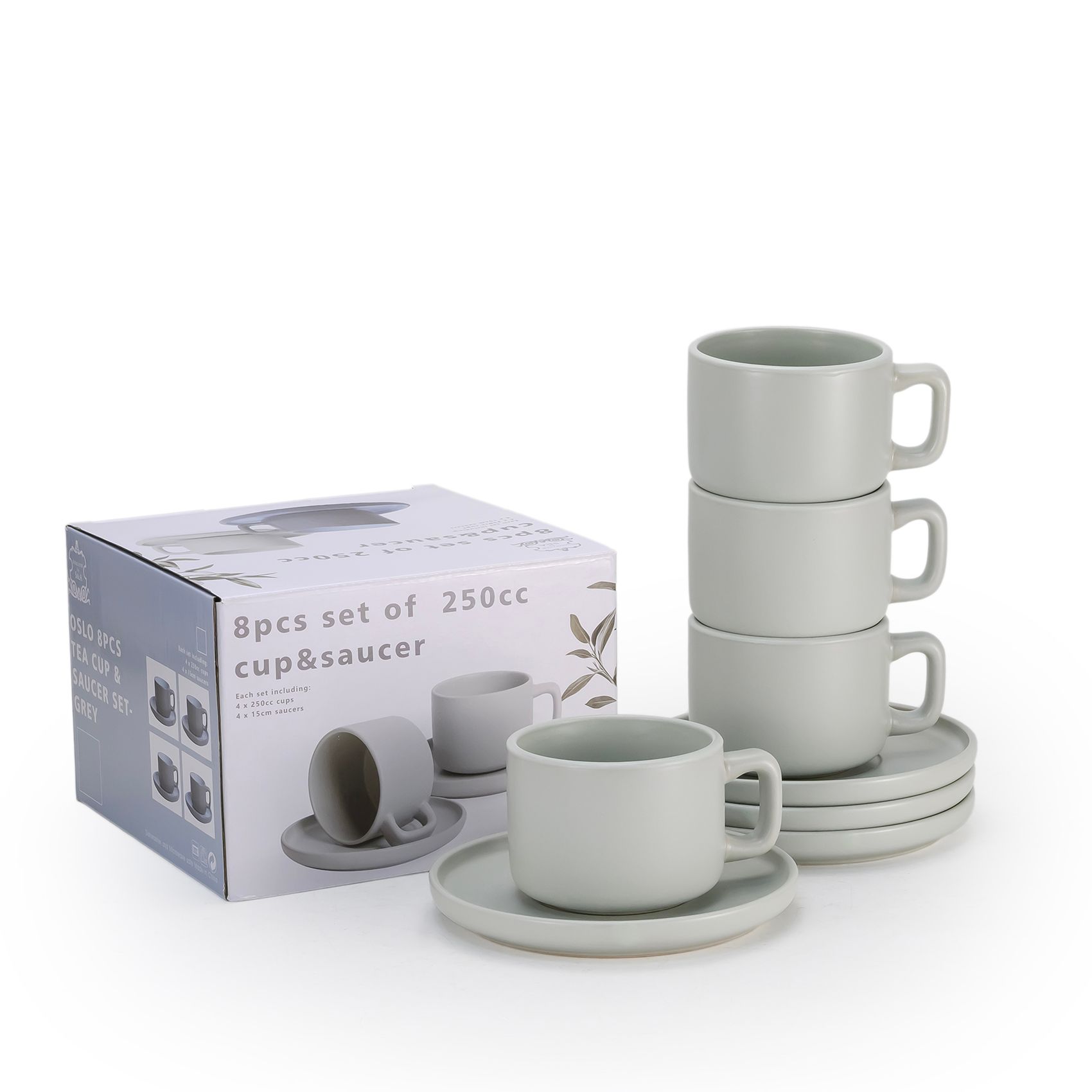 Buy Shallow Stoneware OSLO 8-Piece Tea Cup & Saucer Set-250ml - Elegant ...